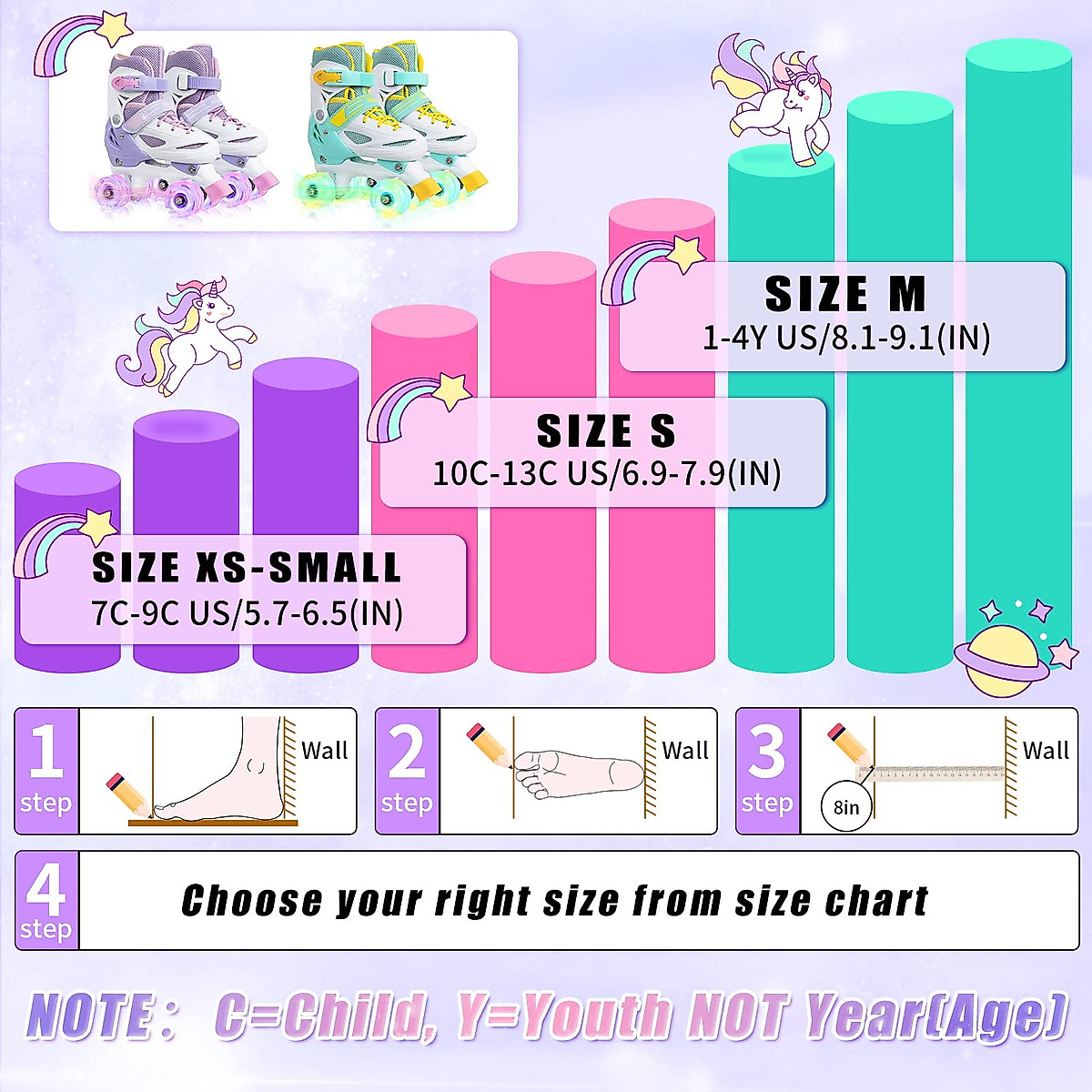 MammyGol Roller Skates for Girls Kids Boys, 4 Sizes Adjustable Quad Toddler Skates Indoor Outdoor Age 5-8 Purple Size 1 2 3 4