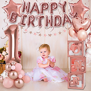 RUBFAC 1st Birthday Rose Gold Baby Shower Decorations for Girl Rose Gold Balloons 1st ONE Boxes Foil Balloon Hanging Swirls for Baby 1st Birthday Party