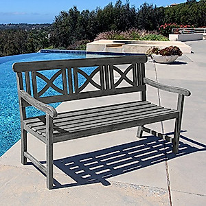 Vifah V1299 Coronado Grey-Washed 5Ft X-Back Acacia Weathered-Wood Bench for 3 Seater in Entry Way