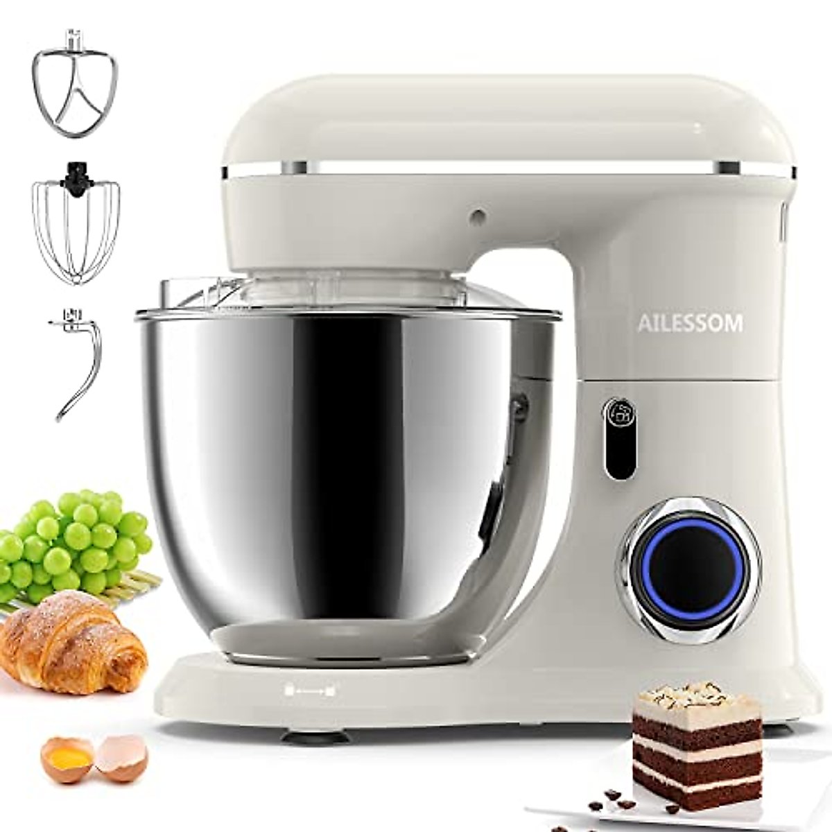 AILESSOM 3-IN-1 Electric Stand Mixer, 660W 10-Speed With Pulse Button, Attachments include 6.5QT Bowl, Dough Hook, Beater, Whisk for Most Home Cooks, Almond Cream