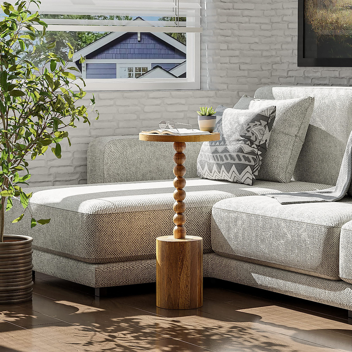 COZAYH Farmhouse Pedestal End Table, Rustic Wood Drink Table with Base, Round Martini Table for Small Space Living Room, Bedroom, Natural Wood Color