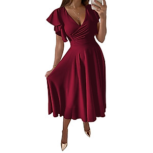LYANER Women's Wrap V Neck Ruffle Short Sleeve A Line Swing Flared Cocktail Party Midi Dress Wine Red Medium