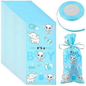 Outus 100 Pieces Elephant Cellophane Bags Cute Elephant Treat Bags with a Roll of Ribbon for Chocolate Candy Snacks Cookies Baby Shower Elephant Themed Party Supplies, It's a Boy