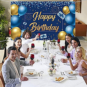 Lovyan Happy Birthday Banner Backdrop Extra Large Fabric Blue Gold Sign Poster Photo Booth Background for Men Women Birthday Anniversary Party Decoration Supplies, 71 x 43.3 Inch (Gift)