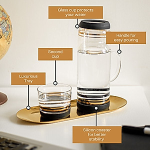 Agayah Water Carafe with Glass Cup for Nightstand and Gold Tray, Bedside Water Carafe and Glass Set. Water Carafe 32 OZ, glass cup 7 OZ (UK based)