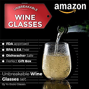 YO BISTRO Unbreakable Stemless Wine Glasses | Set of 4 + Gift Box | 100% Tritan Shatterproof Plastic | 16 Oz | Dishwasher Safe