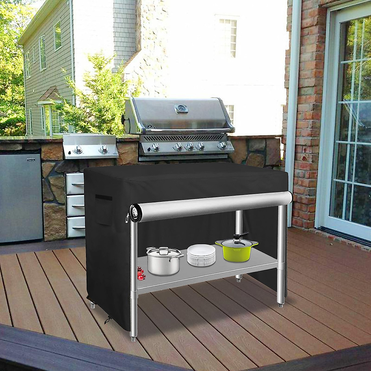 Bitubi 48 Inch Outdoor Prep Table Cover with Split Zipper, Waterproof Stainless Steel Grill Cart Cover for Patio Table - 48''L x 30''W x 35''H (Black)