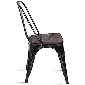 S AFSTAR 18 Inch Dining Chair Set of 4, Stackable Metal Chairs w/Wood Top Seat, Bistro Cafe Side Chair w/High Backrest for Kitchen Patio Restaurant Indoor (Black)