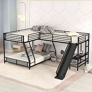 ATY L Shaped Full Bunk Bed with Twin Size Loftbed, Metal Bedframe w/Built-in Desk and Slide, for 3 People, Save Space Design, No Box Spring Required & Easy Assembly, Black