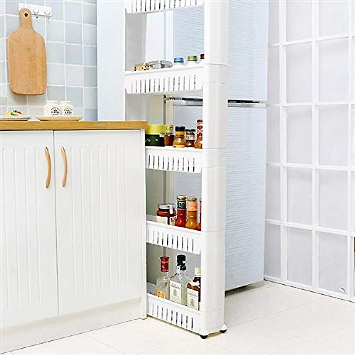 Slim Storage Cart Fits perfectly between the refrigerator and cabinet. 5 Tier Mobile Shelving Unit Organizer Slide Out Storage Cart