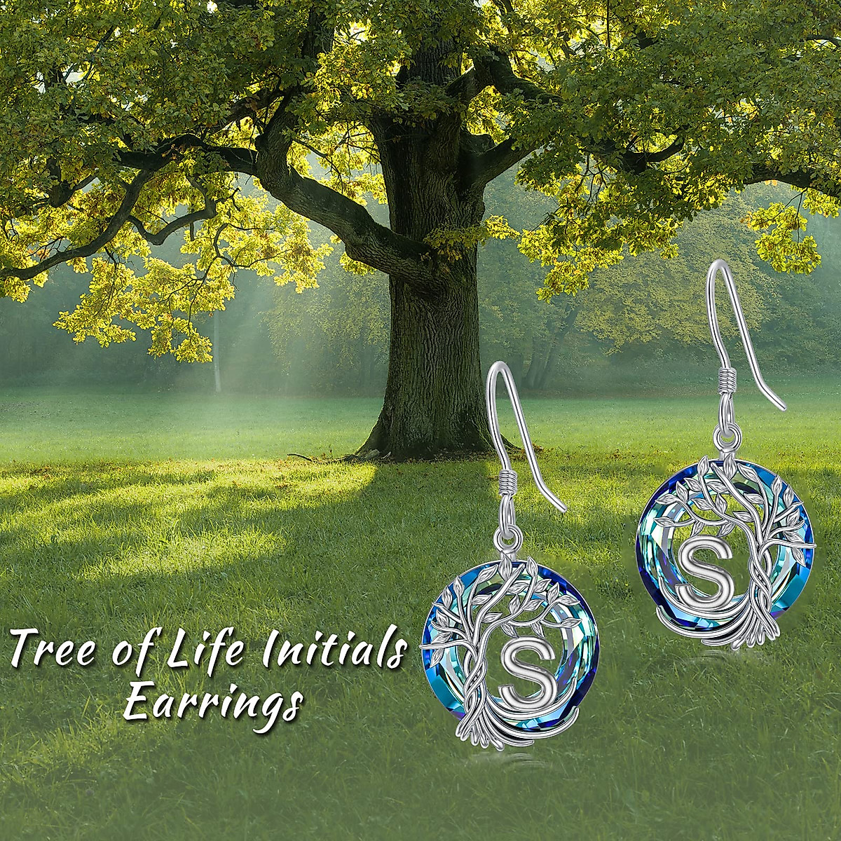 TOUPOP Tree of Life Initial Earrings 925 Sterling Silver Initial S Letter Drop Dangle Earrings with Blue Circle Crystal Family Tree Jewelry Anniversary Birthday Christmas Gifts for Women