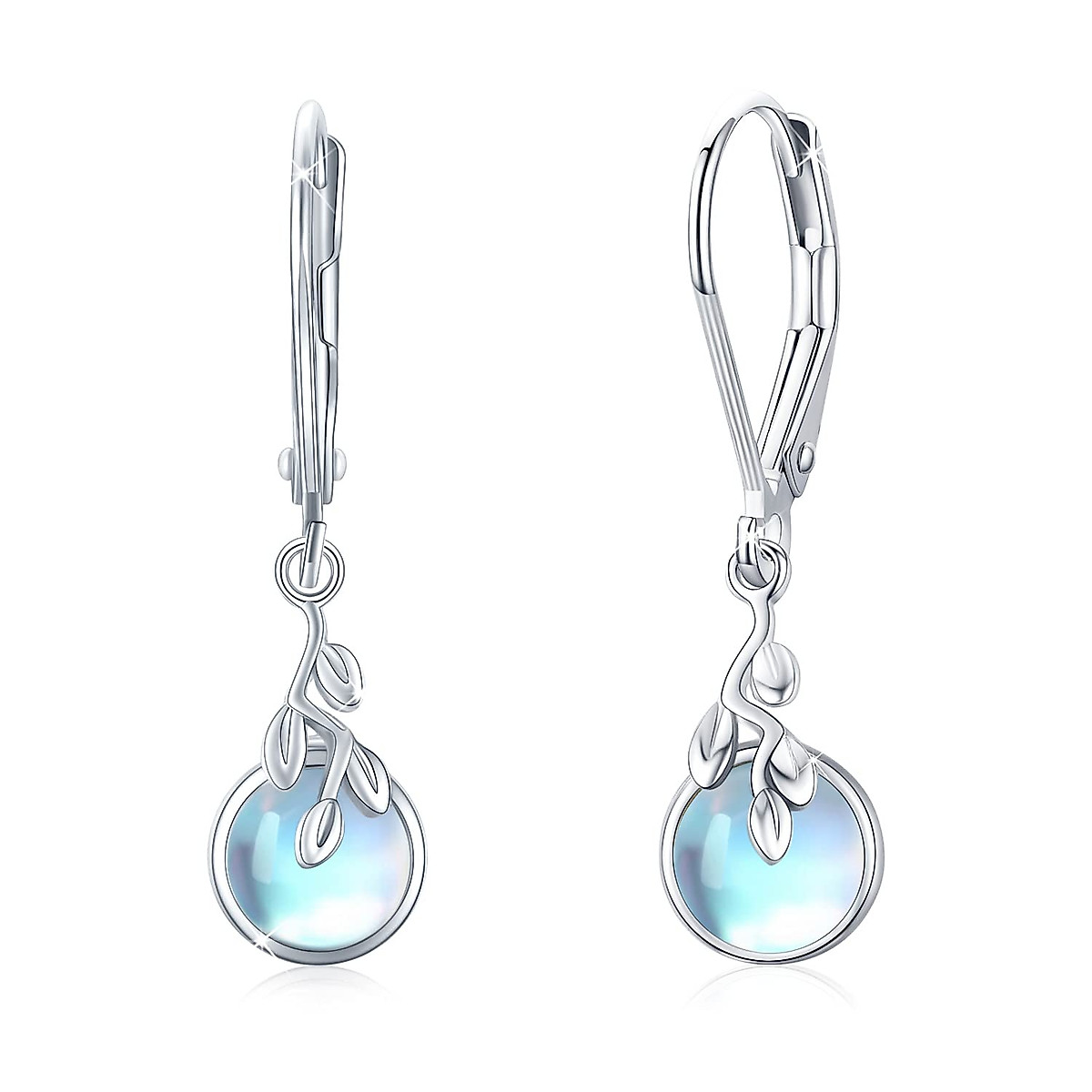 Moonstone Leverback Earrings for Women Sterling Silver Tree Life 6mm Moonstone Dangle Earrings Jewelry Gifts Hypoallergenic Earrings for Women Daughter Sensitive Ears