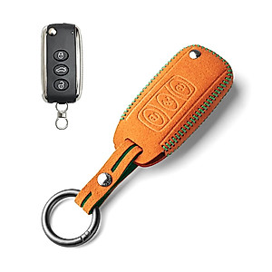 Noreyvis Alcantara Leather Key Fob Cover Protective Shell Case with Keychain Compatible for Bentley Continental GT GTC Mulsanne 2004-2016(Orange)