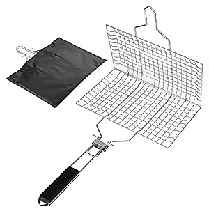 Stainless Steel Grill Basket Barbecue Grill Basket Portable Grill basket with Removable Handle,Perfect for Grilling Vegetables Fishes Shrimp Steak meat and more with Carrying Pouch,A Useful BBQ Tool