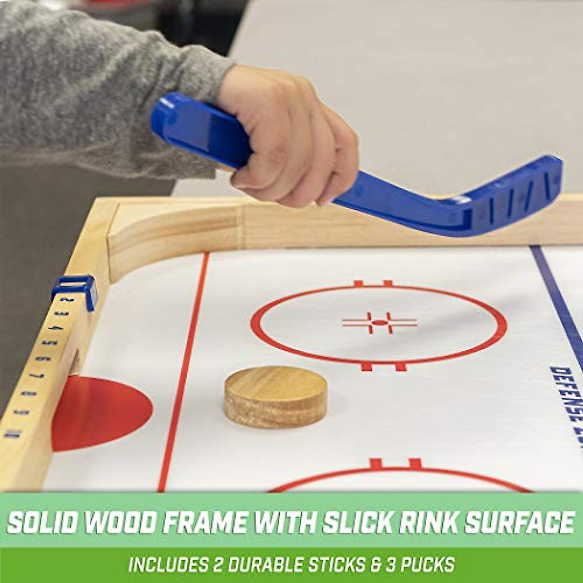 GoSports Ice Pucky Wooden Tabletop Hockey Game for Kids & Adults - Includes 1 game board, 2 Hockey Sticks & 3 Pucks