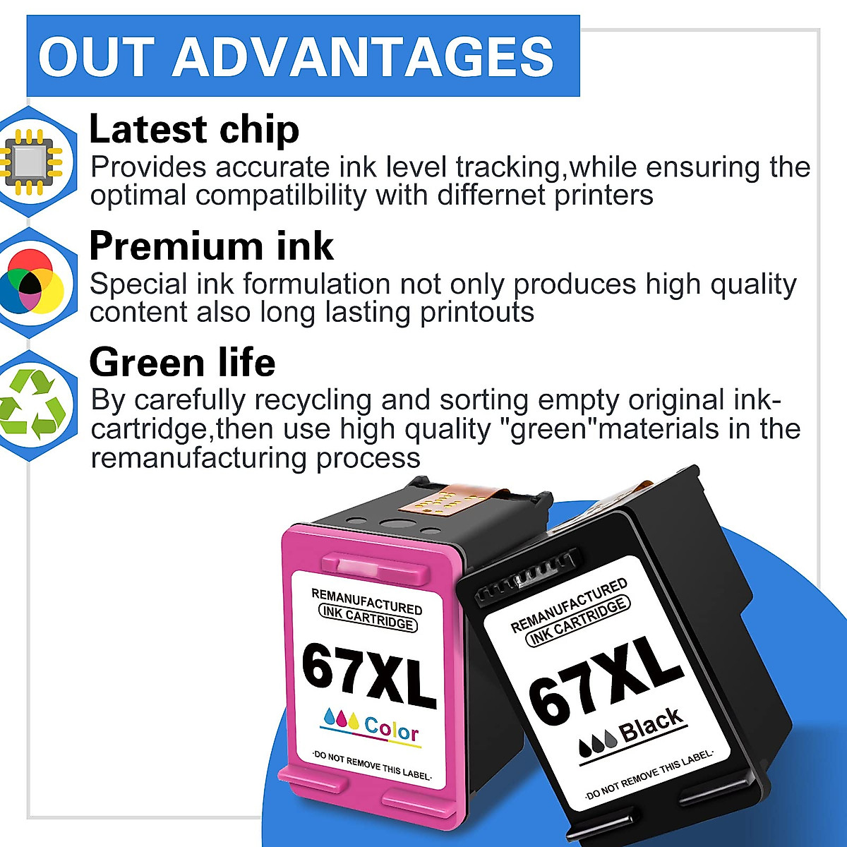 Jonity Remanufactured Ink Cartridge Replacement for HP 67XL 67 XL for Envy 6052 6058 6075 Deskjet 2732 2755 DeskJet Plus 4152 4155 4158 Printer(2 Pack Black & Color) hp67xl
