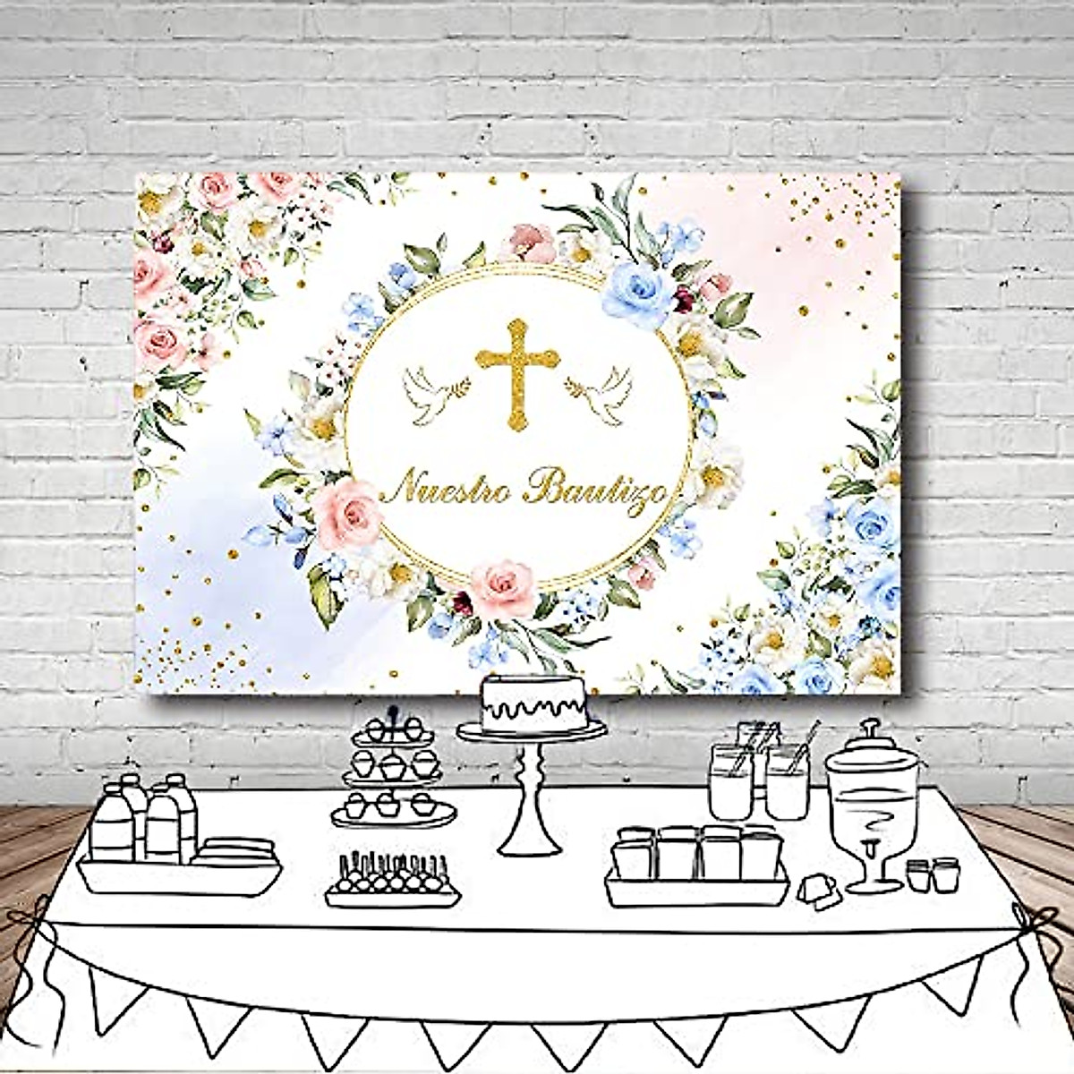 MEHOFOND 7x5ft Nuestro Bautizo Backdrop for Boys and Girls Pastel Pink Blue Floral Baptism First Holy Communion Photography Background Gold Cross Peace Doves Christening Photo Banner