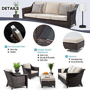 Gardenbee Patio Furniture Set All Weather Outdoor Furniture 5 Pieces with High Back Wicker Rattan Sofa Couch, Two Armchairs and Two Ottomans for Deck Backyard Porch(Brown/Beige)