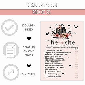 Gothic Pumpkin Bridal Shower Game Bundle - He Said or She Said & Bride Best - Halloween Wedding Guest Activity - Spooky Party Decor - Double-Sided Cards - Pink & Black - 25 Pack