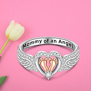 Angel Wing Ring for Women Mothers Sterling Silver Mommy of An Angel Rings Remembrance Footprint Band Memorial Keepsake Jewelry Size 8