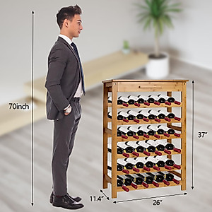 Kinsuite 36 Bottle Wine Rack Freestanding Floor with Drawer Bamboo Wine Rack Table Storage Holder Display 6 Shelves for Storing Wine for Home