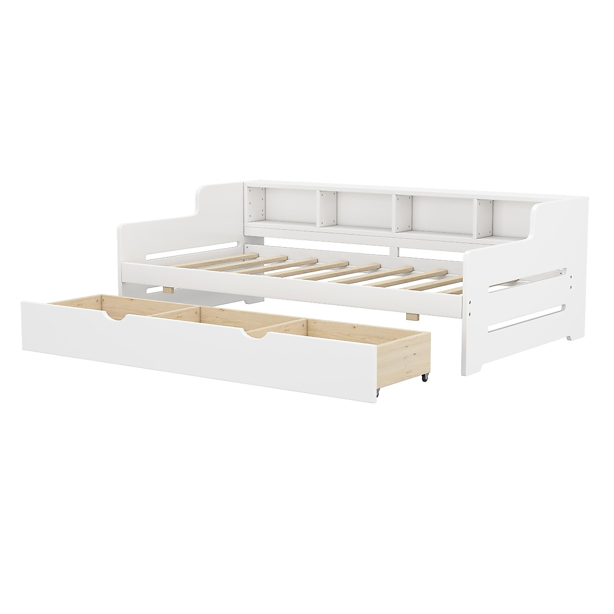 OUYESSIR Twin Size Daybed with 3 Storage Drawers, Upholstered Day Bed Frame with Bookcase Headboard and Full Wood Slats for Kids Teens Adult Boys Girls, No Box Spring Needed, White
