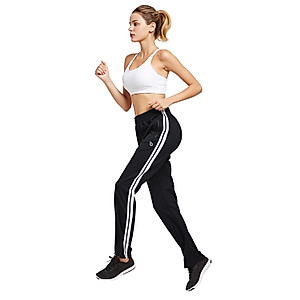 BALEAF Women's Track Pants Athletic Jogging Sweatpants Zipper Pockets Warm-Up Sports Running Pants Black/White Size L