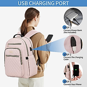 WISEILD Laptop Backpack for Women Quilted Travel Backpack Purse, Work Computer Bags Bookbag Teacher Back Pack with USB Port(15.6 Inch Nude Pink)