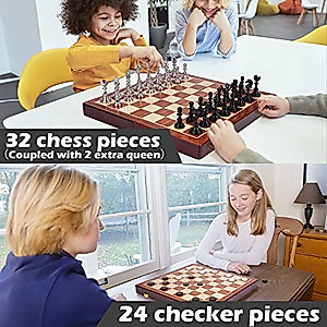 15" Metal Chess Sets for Adults Kids Checkers Game Set (2 in 1) with Black Silver Chess Pieces & Portable Folding Wooden Chess Board Travel Chess Sets Board Metal Staunton Chess Pieces, & Storage Box