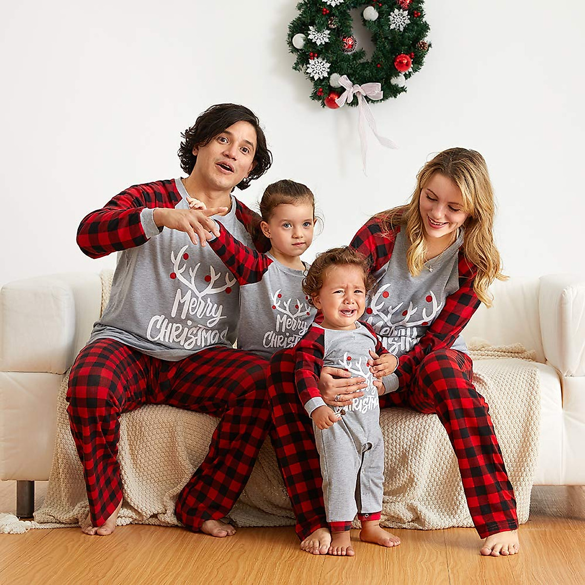 IFFEI Matching Family Pajamas Sets Christmas PJ's with Letter and Plaid Printed Long Sleeve Tee and Bottom Loungewear Women-Medium Grey