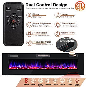 COSTWAY 68 Inches Ultra-Thin Electric Fireplace, 5100 BTU Recessed and Wall Mounted Fireplace Insert with Remote Control, Log and Decorative Crystals, Adjustable Flame Effect, ETL Certification