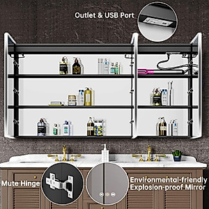 tunuo Medicine Cabinets for Bathroom with Mirror, 60”W x 36”H Wall Mounted LED Medicine Cabinet Mirror with Defogger, Dimmer, Outlets & USB, Three Doors