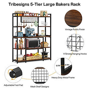 Tribesigns Large Bakers Rack, 55" Wide Kitchen Hutch Cabinet Microwave Stand with 11 Hooks, 5-Tier Baker’s Rack Kitchen Storage Shelf Rack with Hutch, Rustic Brown