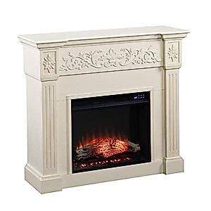 SEI Furniture Calvert Electric Fireplace with Carved Floral Trim, New Ivory