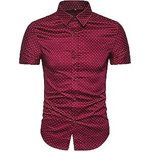 MUSE FATH Men's Printed Dress Shirt-Cotton Casual Short Sleeve Shirt-Interview Dress Shirt-Wine Red-XL