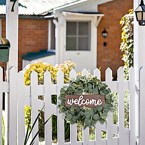 GTIDEA 18 Inch Eucalyptus Wreath for Front Door Summer Wreath with Welcome Sign Greenery Wreaths Farmhouse for Home Porch Wall Bedroom Window Festival All Season Wedding Decor