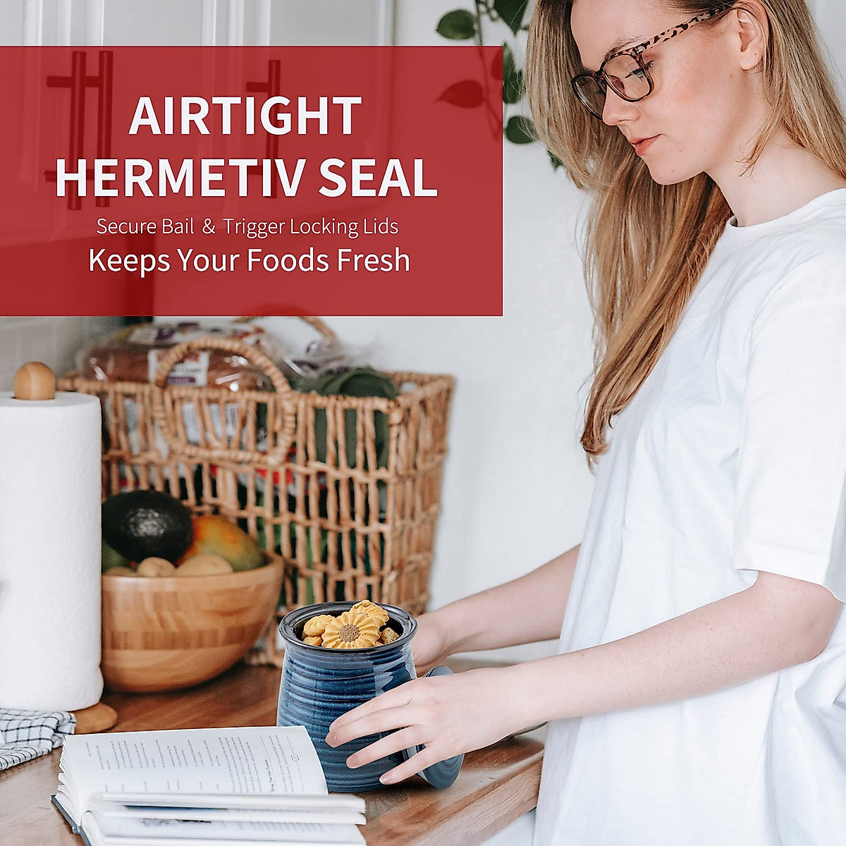 Hasense Ceramic Food Storage Jar, Coffee Canister with Lid, Cookie Candy Jar for Kitchen and Home, Serving for Dog Treat Sugar Loose Tea Flour Coffee Beans Rice Snack Storage 35 OZ (Blue)