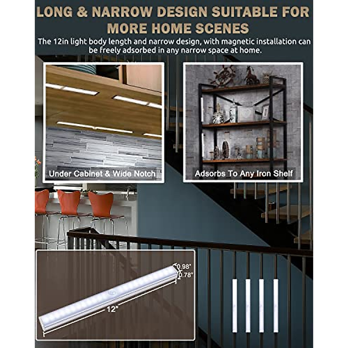 GYTBL Under Cabinet Lighting Wireless 12inch Motion Sensor Light Indoor Closet Lights Motion Sensored Magnetic Closet Light Rechargeable Under Counter Lights for Kitchen Cupboard Wardrobe Stair-4 Pack