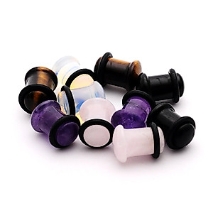 Mystic Metals Body Jewelry Set of 5 Pairs Single Flare Stone Plugs - Amethyst, Black Agate, Opalite, Tiger Eye, Rose Quartz (2g (6mm))