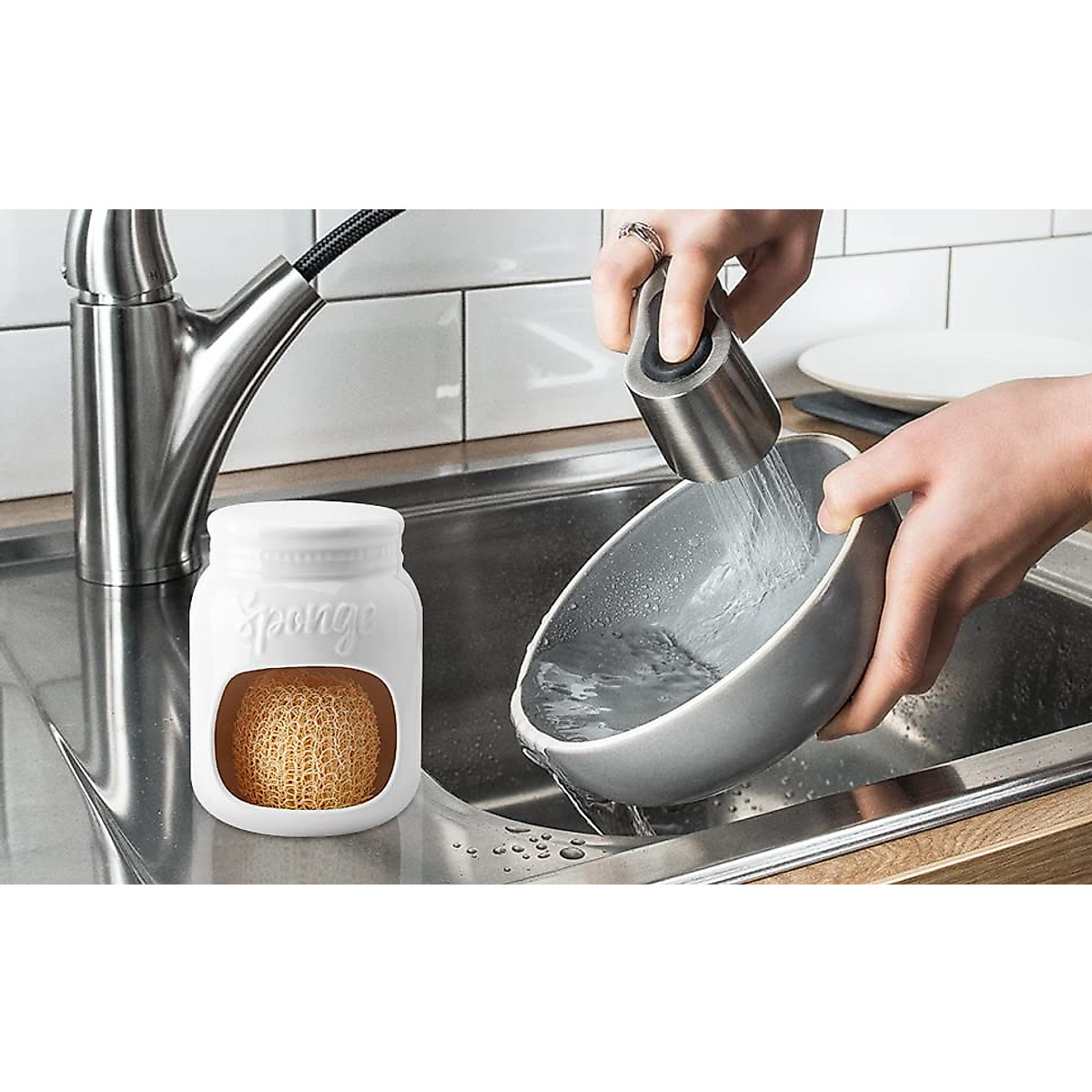 Sweese 816.101 Porcelain Mason jar Sponge Holder for Kitchen Sink, Modern Farmhouse Kitchen Accessories, Sink Caddy Gift for Family, Friends, and Collectors, White