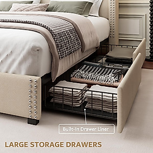 iPormis Queen Storage Bed Frame with 4 Drawers, Upholstered Bed Frame with Minimalist Wingback Headboard and Charging Station, No Box Spring Needed, Beige