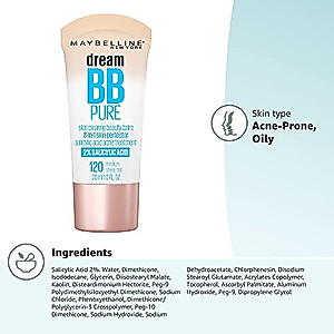 Maybelline Dream Pure Skin Clearing BB Cream, 8-in-1 Skin Perfecting Beauty Balm With 2% Salicylic Acid, Sheer Tint Coverage, Oil-Free, Medium, 1 Count