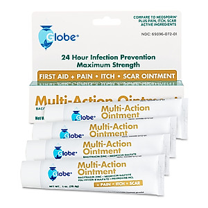 Globe (4 Pack) First Aid Antibiotic Pain-Relieving, Anti-Itch, & Scar Ointment with Neomycin, Bacitracin Zinc, Pramoxine HCl & Polymyxin B, for Minor Cuts, Scrapes & Burns,