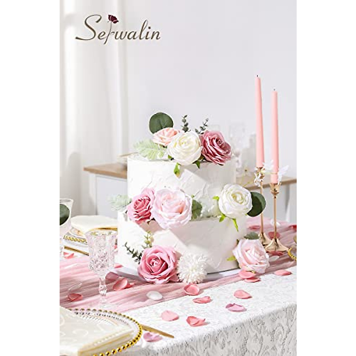 Serwalin Artificial Flowers Fake Silk Flowers for DIY Wedding Bouquets Cake Decoration Mixed Roses Combo Blush Pink and White Flower Centerpieces Arrangements for Party Table Chair Decor