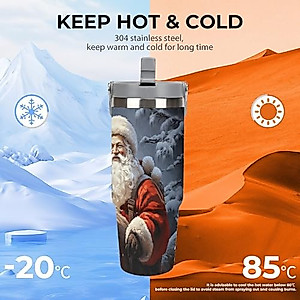 BWQJKUO Large Capacity Car Cup 30 Oz Stainless Steel Santa Claus And Deer Elk Printed Travel Mug Leak-proof Flip Straw Tumbler with Handle,keeps Cold Or Ho