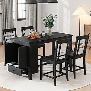 SIYSNKSI Rustic 5-Piece Counter Height Dining Table Set with Faux Marble Tabletop, Solid Wood Rectangle Dining Table with Storage Cabinet and Drawer for Dining Room Kitchen (Black 07)
