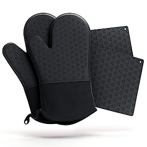 Cosy House Collection 4-Piece Oven Mitt & Pot Holder Set - 500°F Heat Resistant Trivet Cooking Gloves - Flexible, Durable & Comfortable Long-Lasting Silicone - Cooking, Baking & Grilling (Black)