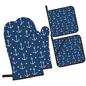 Nautical Anchors Oven Mitts and 2 Pot Holders Set, Soft Cotton Lining with Non-Slip Surface, Kitchen Microwave Gloves for Baking Cooking Grilling BBQ