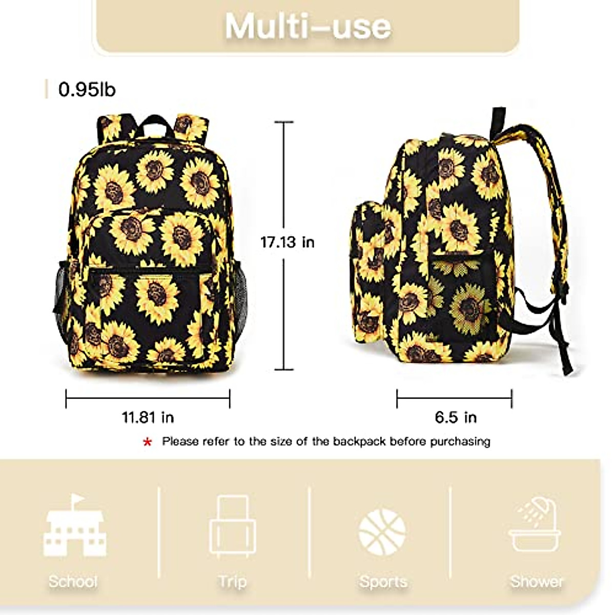 Telena School Backpack for Teen Girls Boys, Lightweight Backpack for College Bookbag with Bottle Side Pockets, Sunflower Backpack