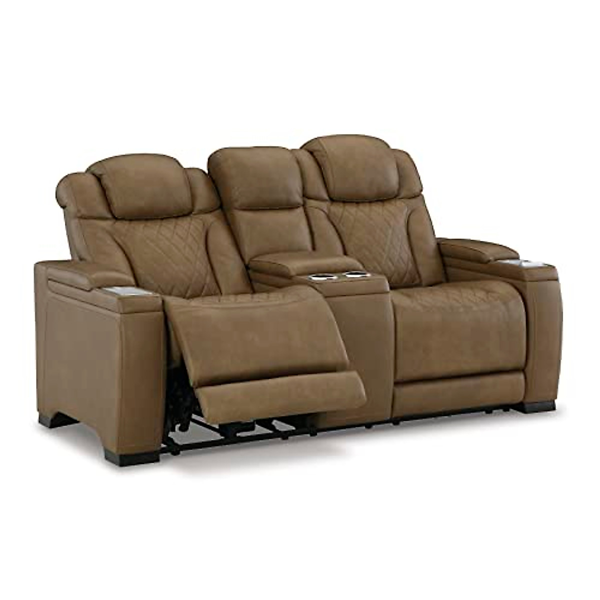 Signature Design by Ashley Strikefirst Contemporary Tufted Leather Power Reclining Loveseat with Console and Adjustable Headrest, Light Brown